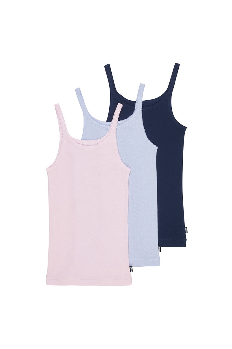 BONDS Girls Teena Singlet 3 Pack | UYG43A | Helium/Rosewater/Black Sea