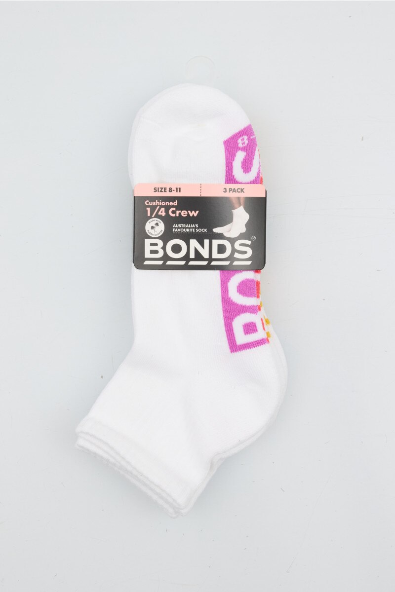 Bonds Womens Logo Cushioned Quarter Crew Socks 3 Pack | Womens Socks ...