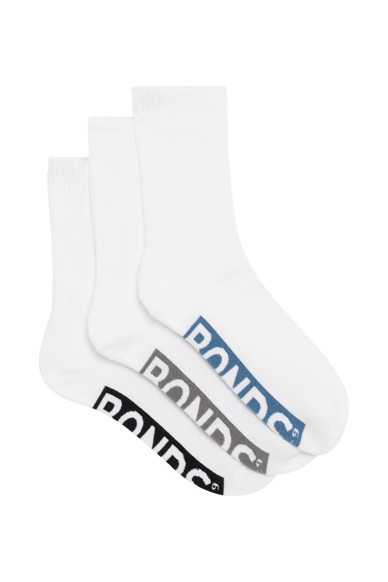 Bonds Mens Logo Cushioned Crew Socks 3 Pack | Mens Socks | SXMW3N